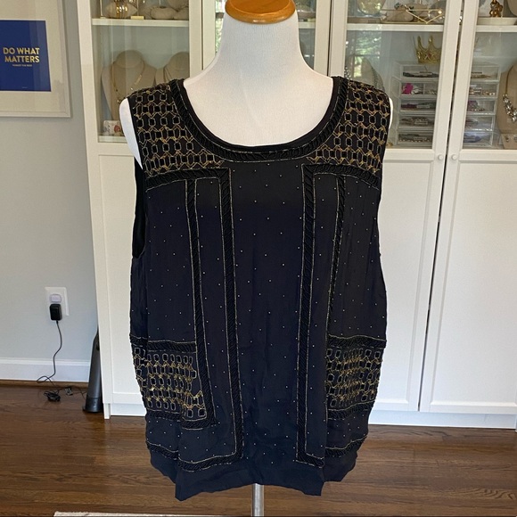 Lucky Brand | Tops | Lucky Brand Black And Gold Beaded Top | Poshmark